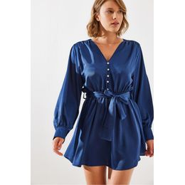 V-Ausschnitt Satin A-Linien Midi-Kleid mit Knopfverschluss