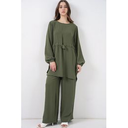 Crew-Neck-Tunika mit Krawatten-Detail und weiten Hosen Set