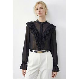 R&uuml;schen-Mandarin-Kragen Langarm-Chiffonbluse