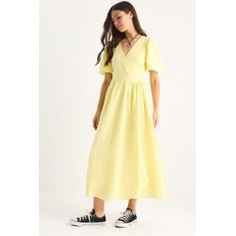 Strukturiertes V-Ausschnitt Midikleid mit Wickelverschluss