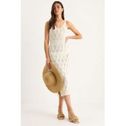 Strukturiertes V-Ausschnitt-Midi-Strickkleid