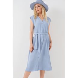 Strukturiertes V-Ausschnitt-Midikleid mit Knopfverschluss