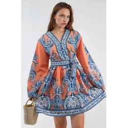 V-Ausschnitt Paisley A-Linie Mini-Kleid mit Kn&ouml;pfen