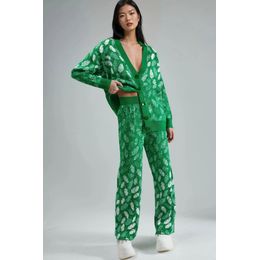 V-Ausschnitt Jacquard-Strickcardigan und weit geschnittene Hose Set