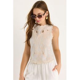 Abstrakte bestickte Bluse mit Rundhalsausschnitt