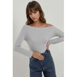 Gestreiftes Off-Shoulder Langarm-Rippstrickoberteil