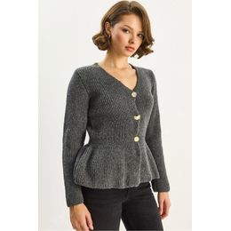 Rippstrick Langarm V-Ausschnitt Cardigan mit Kn&ouml;pfen