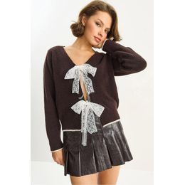 Strick V-Ausschnitt Cardigan mit Spitzenbindeverschluss