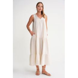 &Auml;rmelloses V-Ausschnitt-Mull-Midikleid mit Taschen