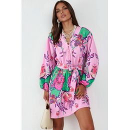 Blumiges V-Ausschnitt A-Linien Mini-Kleid mit G&uuml;rtel
