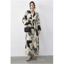 Abstraktes V-Ausschnitt-Midikleid mit langen &Auml;rmeln