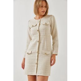 Knopf-Front-Tweed-Minikleid mit Rundhalsausschnitt