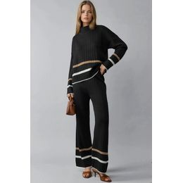 Halb-Zip-Pullover & Weite Hosen Gestreiftes Strick-Set