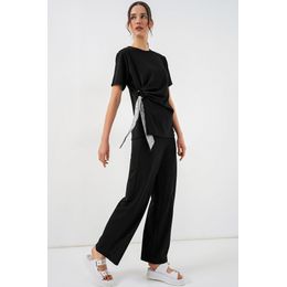 Rippstrick-Set mit Crew-Neck und Krawattendetail sowie weitem Hosenbein