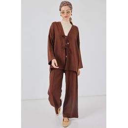 V-Ausschnitt Cardigan und weit geschnittene Hose Set