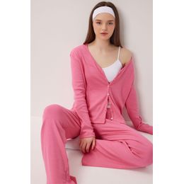 V-Ausschnitt Knopf-Longcardigan und Hosen-Pyjama-Set