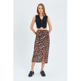 Leopardenmuster Hohe Taille Midi Rock mit Schlitz