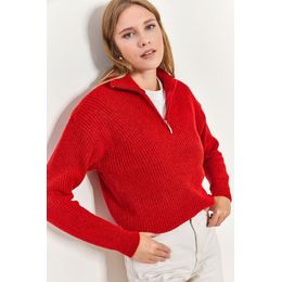 Oversized strukturierter Strickpullover mit Rei&szlig;verschlusskragen