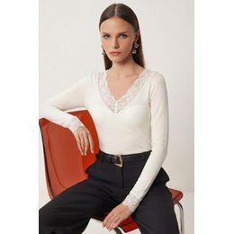 Spitzen-V-Ausschnitt Slim-Fit Bluse