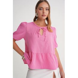 Strukturierte Musselin Rundhalsbluse mit Binde-Detail