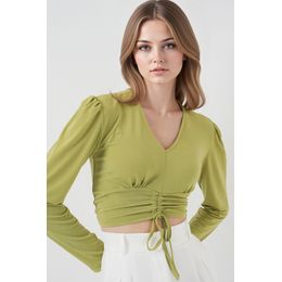 Strukturiertes V-Ausschnitt-Crop-Top mit R&uuml;schendetail