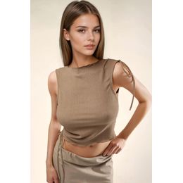 Strukturierter Bootsausschnitt-Crop-Top mit Drapierungselement