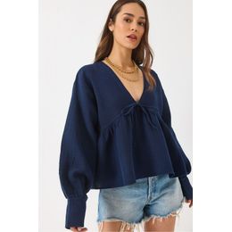 Strukturierte V-Ausschnitt-Crop-Bluse mit Schleifenband