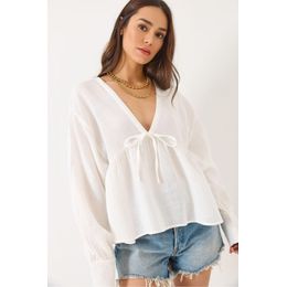 Strukturierte V-Ausschnitt-Crop-Bluse mit Schleife