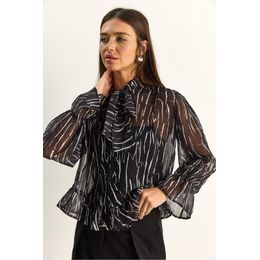 Chiffonbluse mit Bindeg&uuml;rtel und abstraktem Print im Choker-Stil