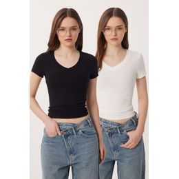 Basic V-Ausschnitt Baumwollmix T-Shirt