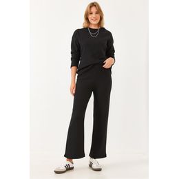 Rippenstruktur Crew-Neck Pullover und Hose Set