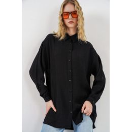 &Uuml;bergro&szlig;e Strukturierte Lange Bluse mit Hemdkragen