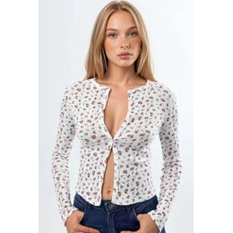 Blumenribbed Crop-Bluse mit Knopfverschluss