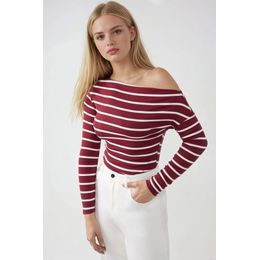 Gestreiftes Off-Shoulder Langarm-Rippstrickoberteil