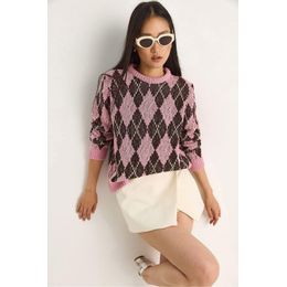 Damen Strickpullover mit Rundhalsausschnitt und Diamantmuster