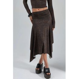 Hochtaillierter asymmetrischer Midi-Rock mit Leopardenmuster