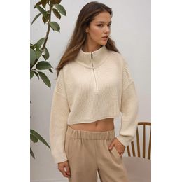 Dicker Strick-Crop-Pullover mit Rei&szlig;verschlusskragen