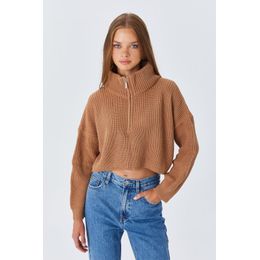 Strukturiertes Langarm-Pullover mit Rei&szlig;verschlusskragen