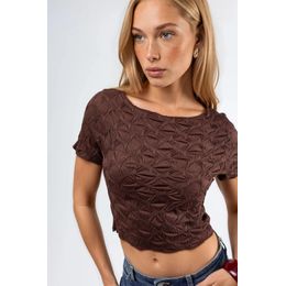 Kurzarm Texturiertes Bootsausschnitt Slim Fit Crop T-Shirt