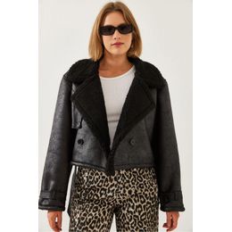 K&uuml;nstliche Leder Cropped-Jacke mit Schal-Kragen