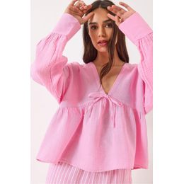 Strukturierte V-Ausschnitt-Crop-Bluse mit Schleifenband