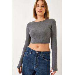 Strukturierte gerippte Crop-Bluse mit Rundhalsausschnitt