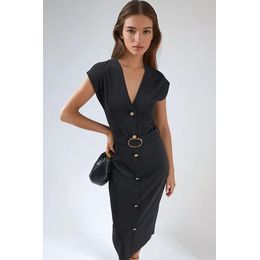 G&uuml;rtel-Midi-Kleid mit V-Ausschnitt