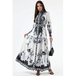 Blumenkleid Maxi mit Hemdkragen und G&uuml;rtel