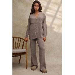 V-Ausschnitt Cardi und Hochbund Weite Hosen Strick-Set