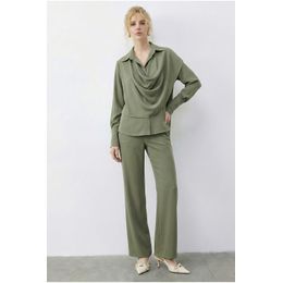 Schal-Detaillierte Bluse und Hochtaillierte Weite Hosen Zwei-Teiliges Set