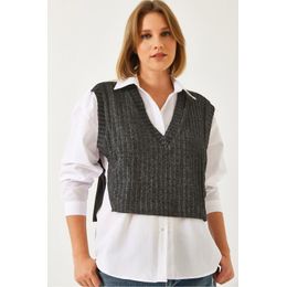 Rippstrick V-Ausschnitt Kurzpullover-Weste mit seitlichen Bindeb&auml;ndern