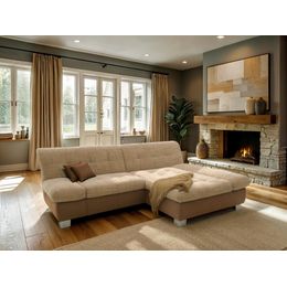 Ecksofa DOMO collection "100031 B/T: 234/157 cm, kompakt, komfortabel & bequem, L-Form", braun (beige, braun), B:234cm H:80cm T:157cm, 90% Polyester, 10% Acryl, Sofas, Ecksofa, whlw. mit Bettfunktion und Armteilverstellung