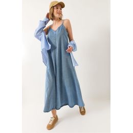Maxi V-Ausschnitt Denim-Kleid mit Knopfverschluss