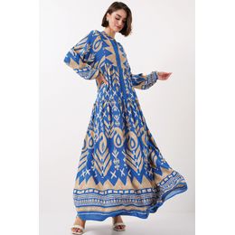 Bedrucktes V-Ausschnitt-Maxikleid mit Knopfverschluss